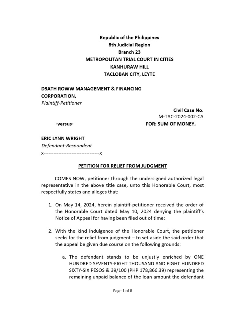 Petition For Relief of Judgement-Orbello | PDF | Lawsuit | Affidavit