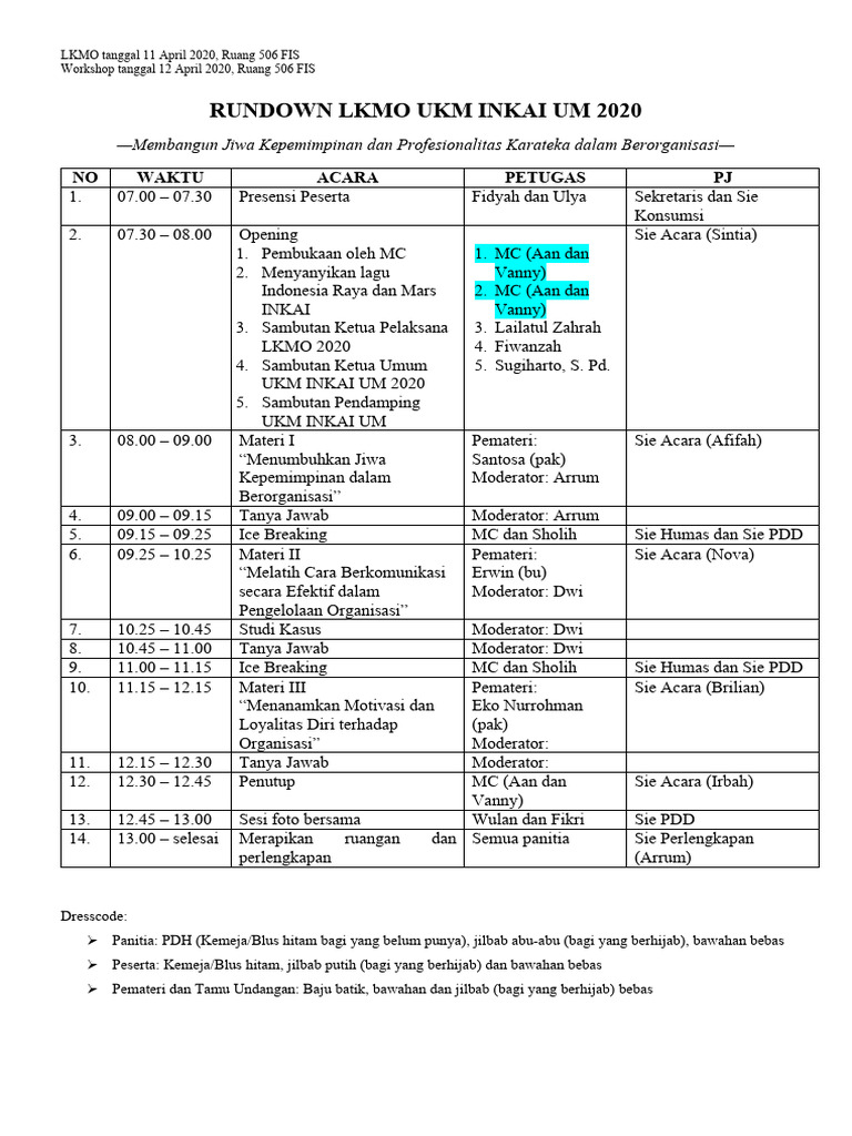 Rundown Workshop UKM INKAI UM 2020 | PDF