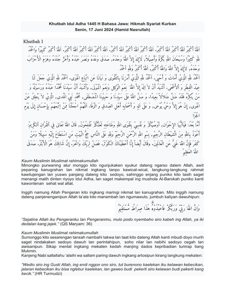 Khutbah Idul Adha 1445 H Bahasa Jawa Pdf