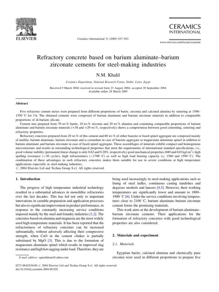 Refractory concrete based on barium aluminate–barium zirconate cements for steel-making ...