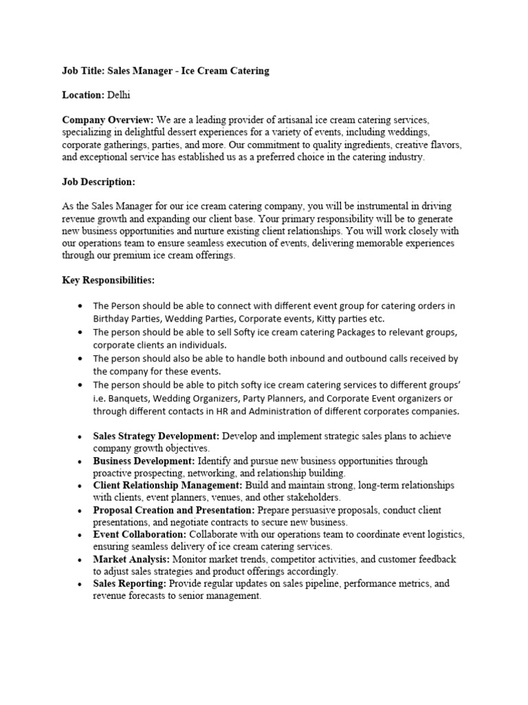 JD - Ice Cream Catering Sales Manager | PDF | Sales | Résumé