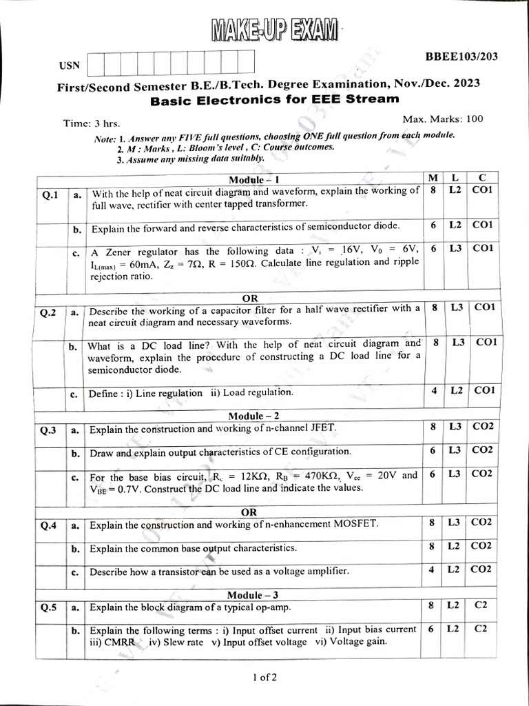 BBEE103 - 203 - Basic Electronics For EEE Stream - Make-Up-Exam | PDF | Operational Amplifier ...