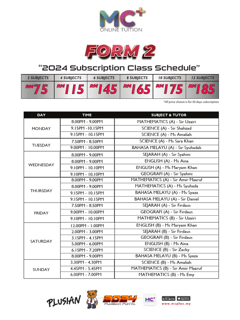 Official Timetable Form 2 | PDF