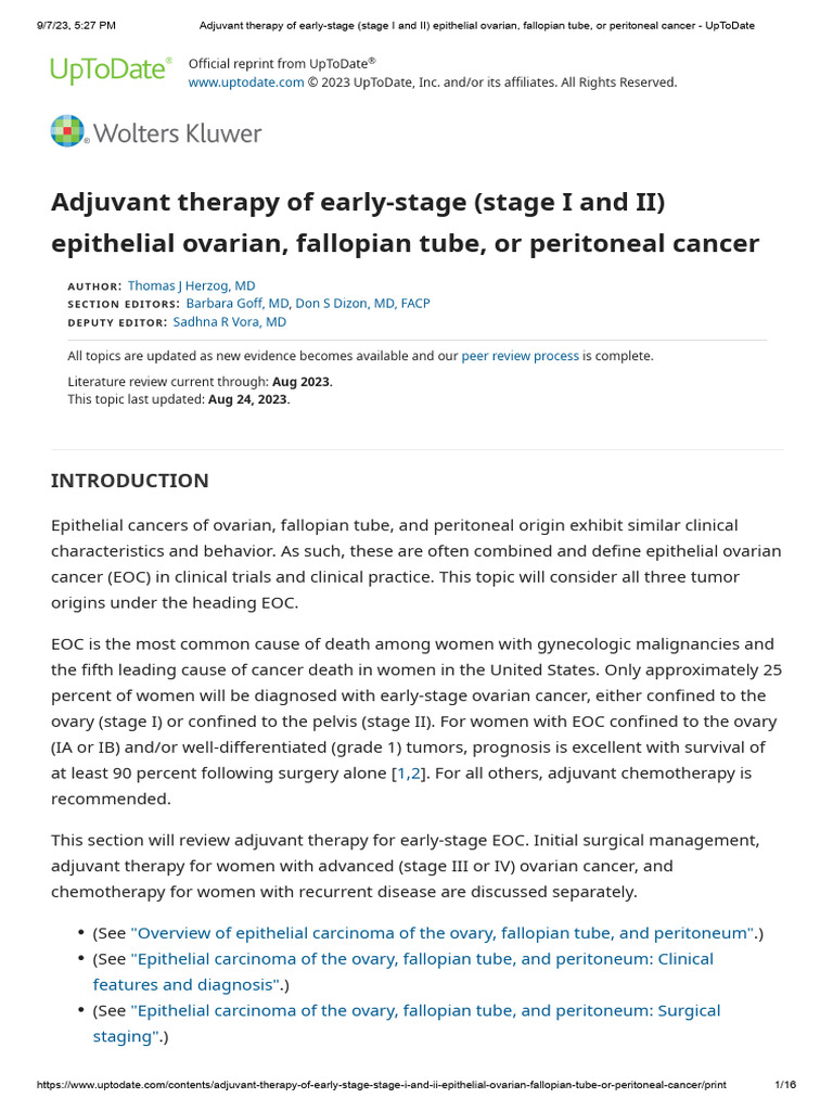 Adjuvant Therapy of Early-Stage (Stage I and II) Epithelial Ovarian ...