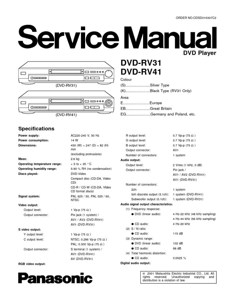 Panasonic dvd-rv31 dvd-rv41 DVD Player SM | PDF | Electrostatic Discharge | Electrical Engineering