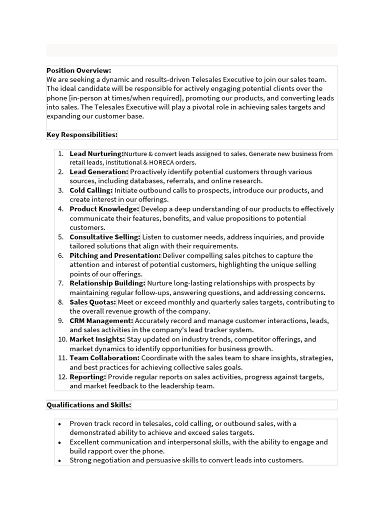 Tele sales Executive-JD Final | Download Free PDF | Sales | Customer Relationship Management