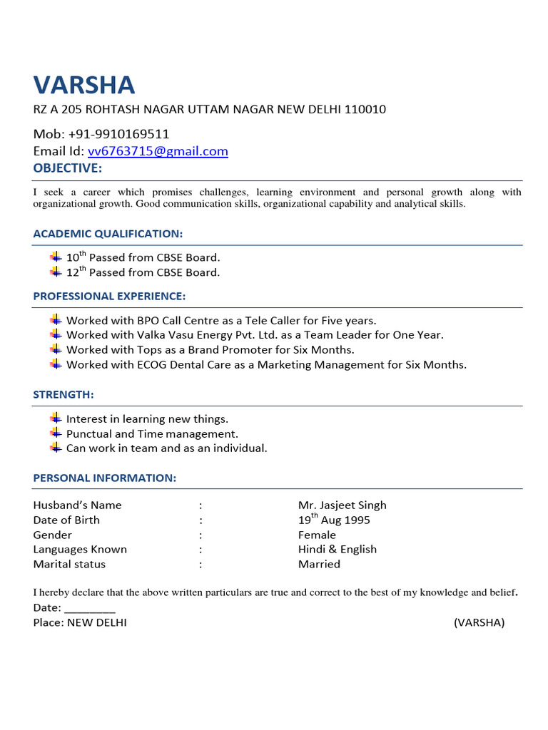 VARSHA RESUME Telecalling Hindi | PDF