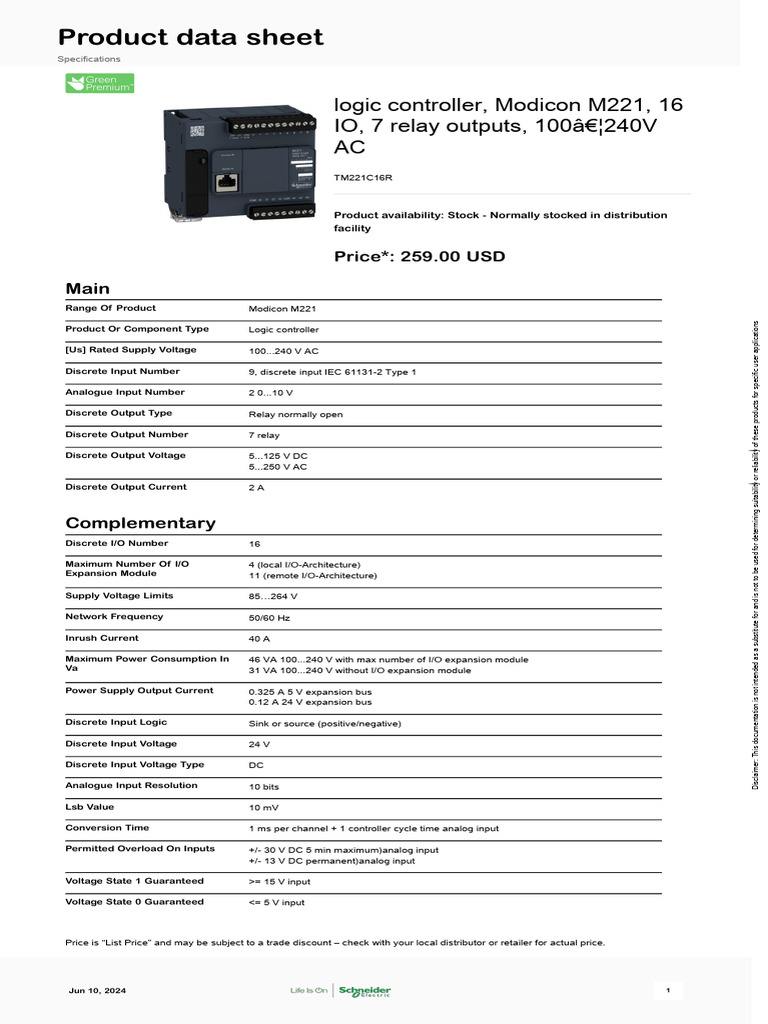 Schneider Electric Modicon M221 Nano PLC TM221C16R | PDF | Programmable Logic Controller | Power ...