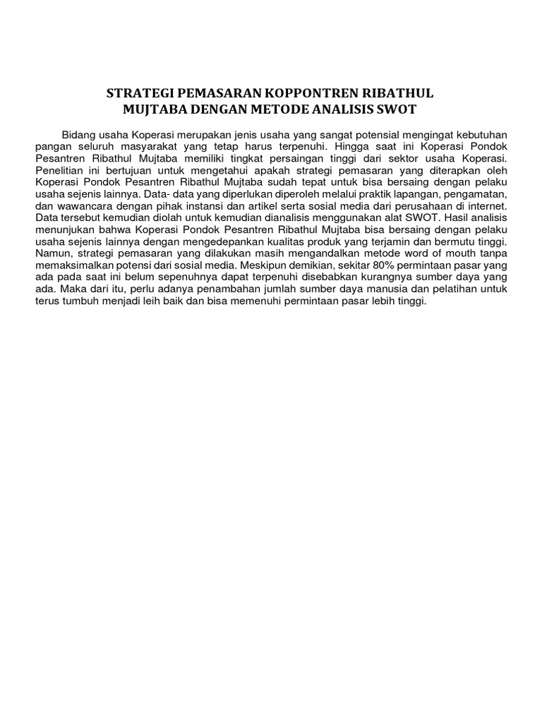 Strategi Pemasaran Koppontren Ribathul Mujtaba Dengan Metode Analisis Swot Ribathul Mujtaba | PDF