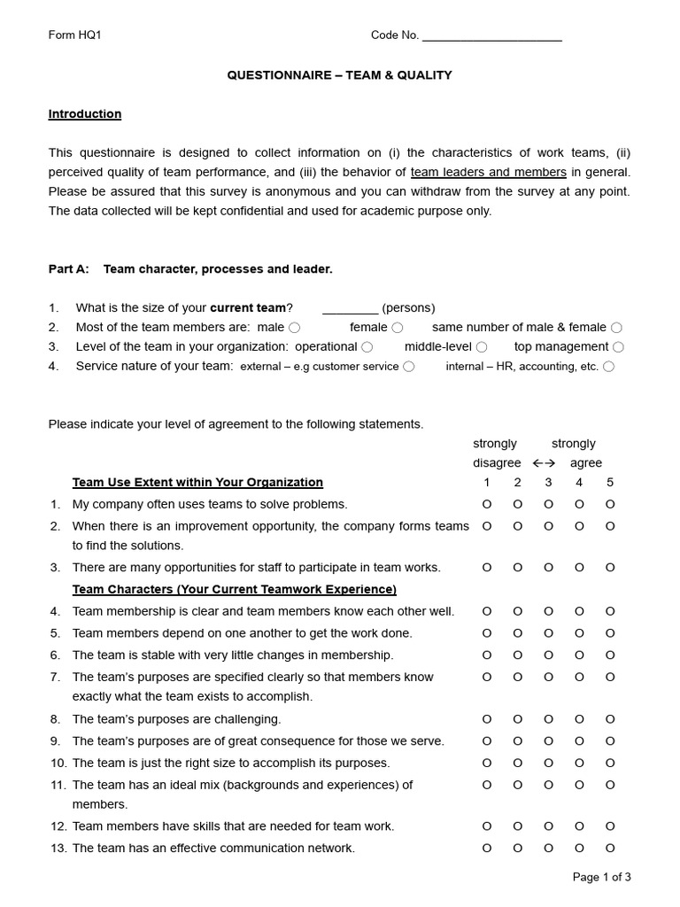Questionnaire - Team and Quality - Form HQ1 | PDF | Cognition ...