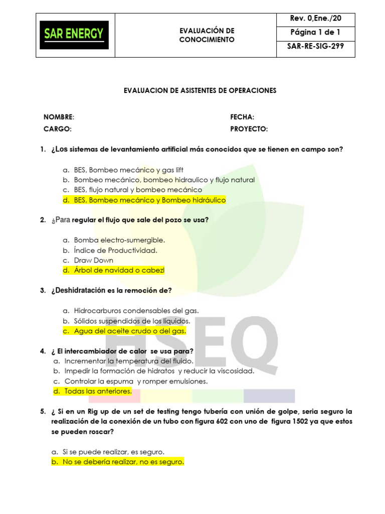 SAR-RE-SIG-299 Formato Evaluación AUXILIAR I Respuestas | PDF | Bomba ...