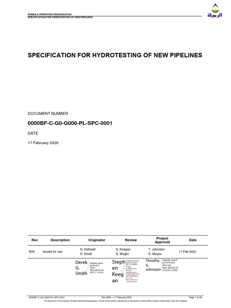 Specification For Hydrotesting of New Pipelines: 0000BF-C-G0-G000-PL ...