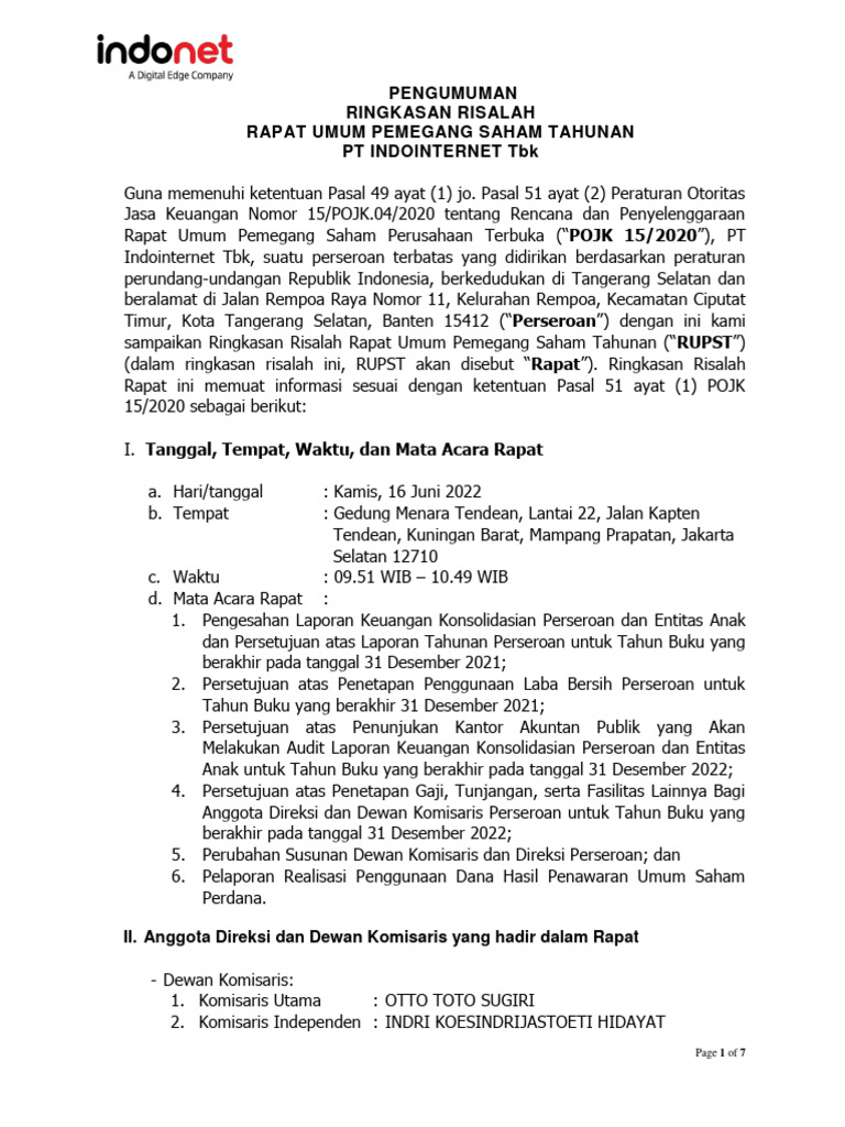 Ringkasan Risalah RUPS Tahunan Indonet | PDF | Pengelolaan Keuangan & Uang