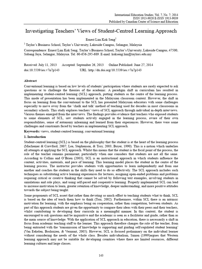 Investigating Teachers’ Views of Student-Centred Learning Approach | PDF | Learning | Teachers