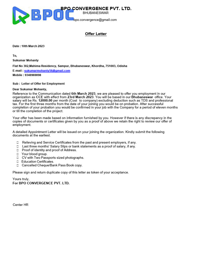 Final Offer | PDF | Employment | Salary