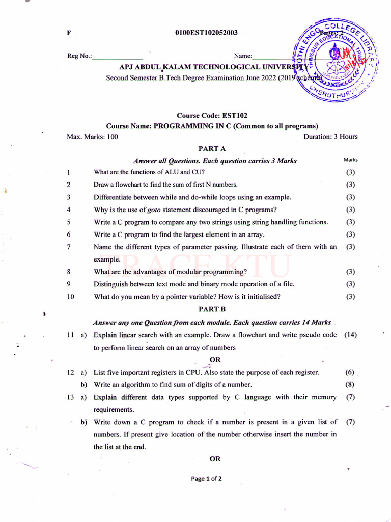 Est102 Progrm in C, June 2022 | PDF | String (Computer Science) | C (Programming Language)