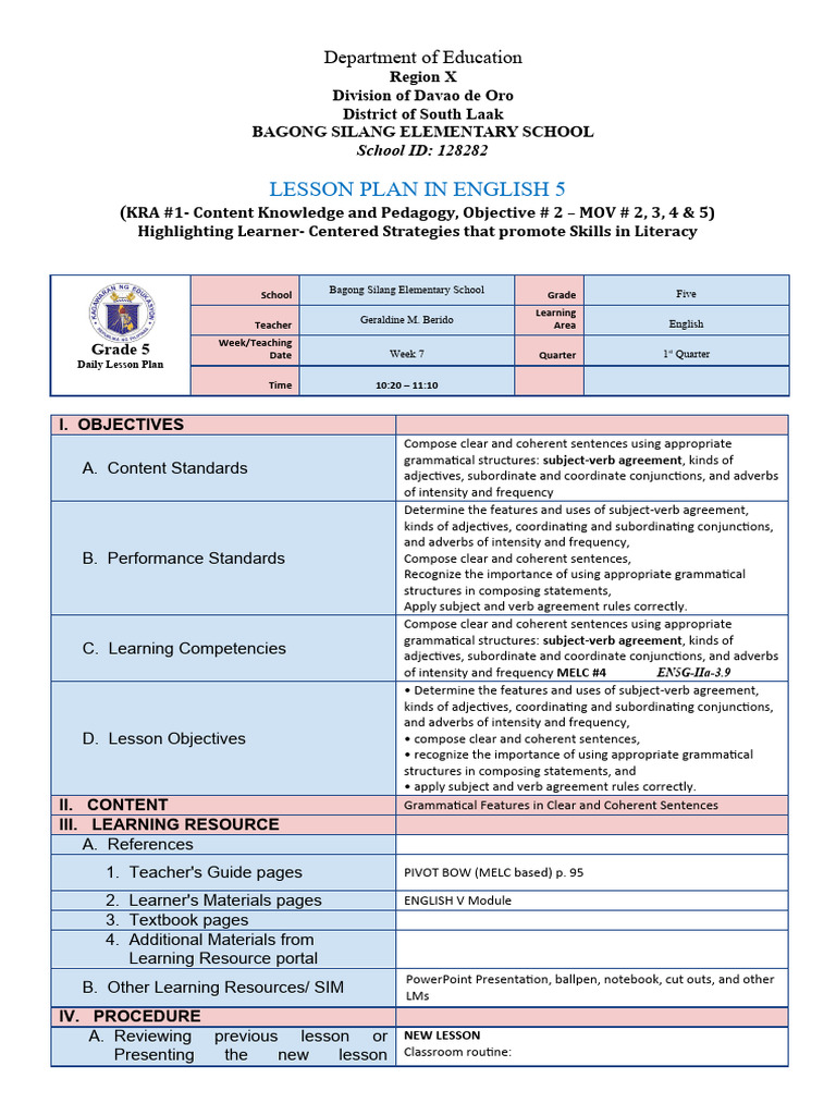 Lesson Plan in English 5 Co1 2023-2024 | PDF | Adverb | Verb