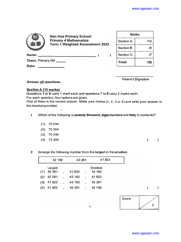 2023-P4-Maths-Weighted Assessment-Nan Hua | Download Free PDF | Mathematics