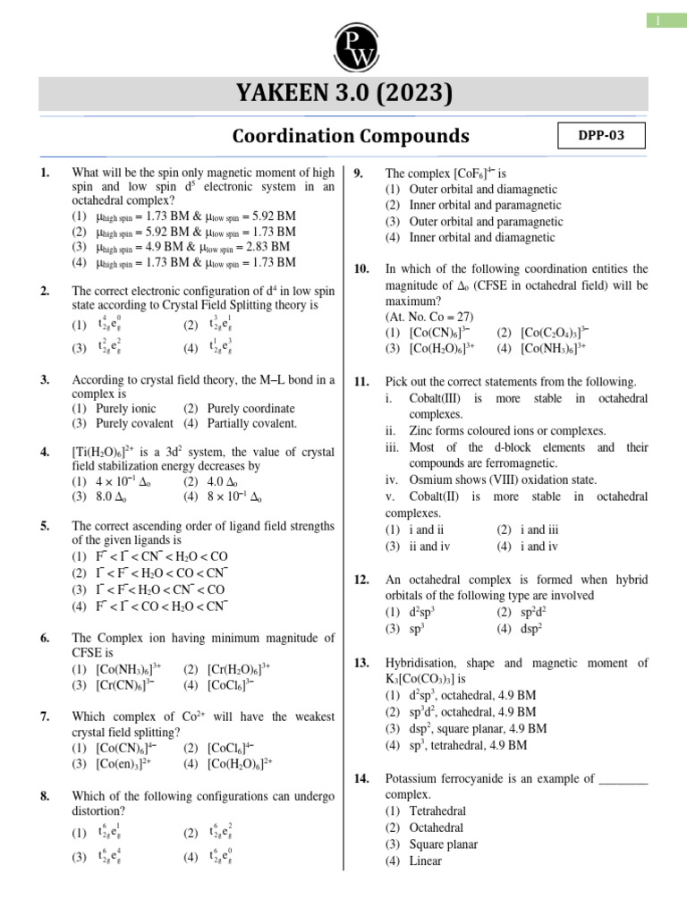 Coordination Compounds: DPP 03 (Of Lecture 07) - Yakeen 3.0 2023 | PDF | Coordination Complex ...