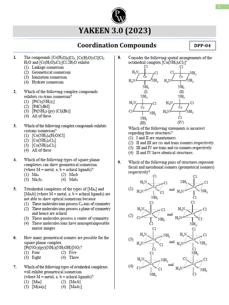 Coordination Compounds: DPP 04 (Of Lecture 08) - Yakeen 3.0 2023 ...