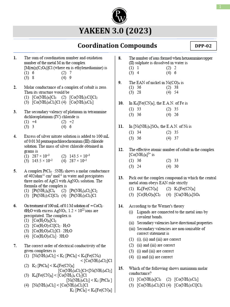 Coordination Compounds: DPP 02 (Of Lecture 04) - Yakeen 3.0 2023 | PDF ...