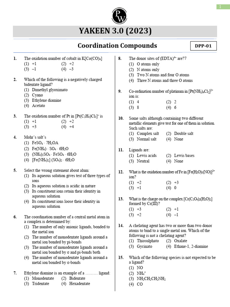 Coordination Compounds : DPP 01 (Of Lecture 3) || Yakeen 3.0 2023 | PDF ...