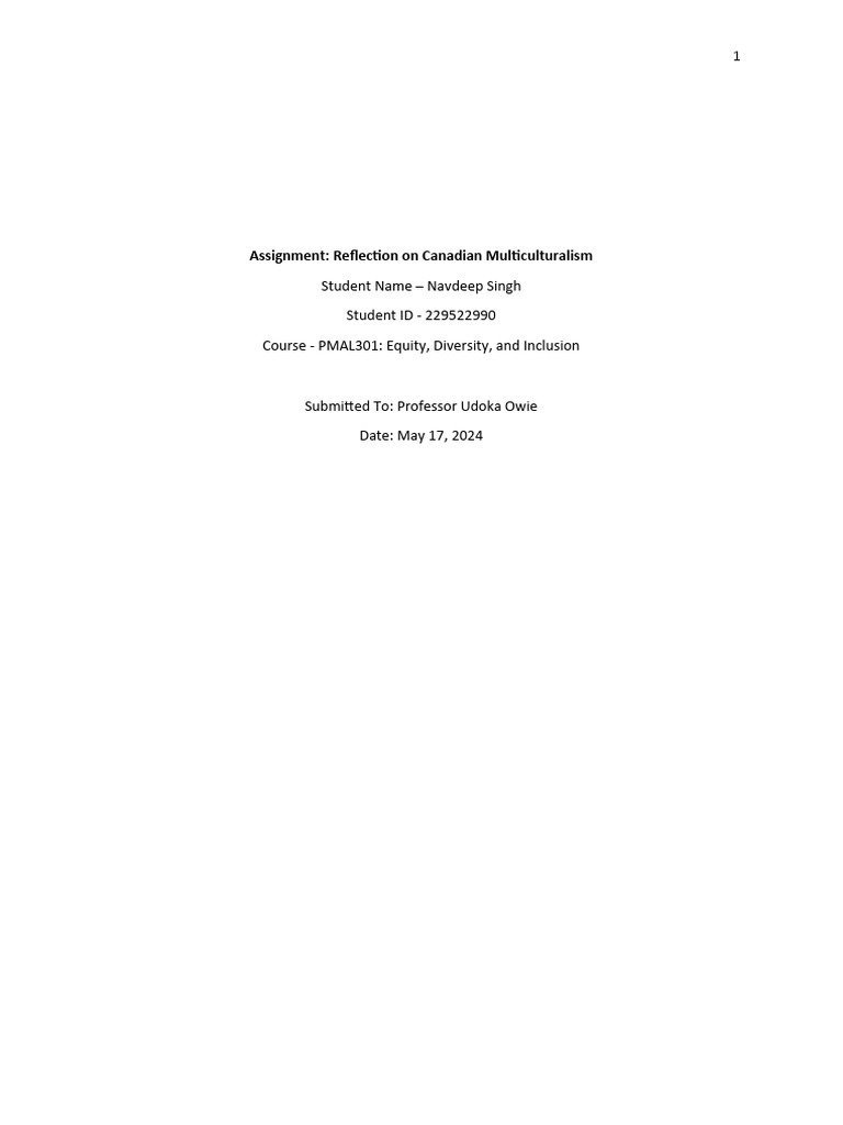 Reflection On Canadian Multiculturalism-Navdeep Singh (229522990) | PDF ...