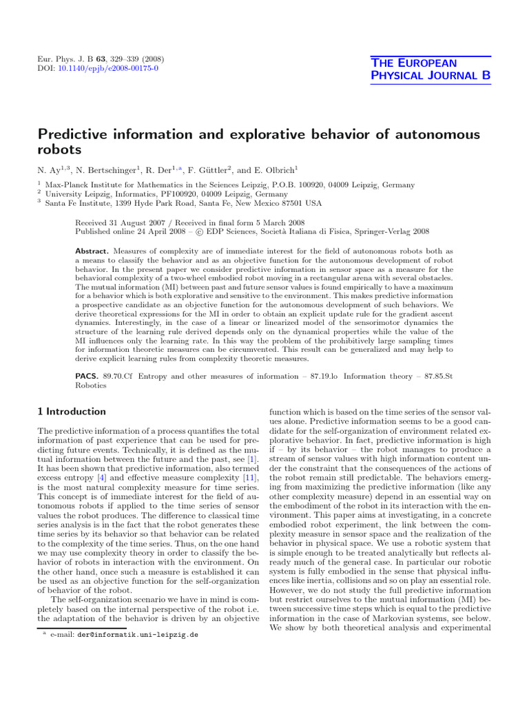 Predictive Information and Explorative Behavior of Autonomous Robots | PDF | Control Theory ...