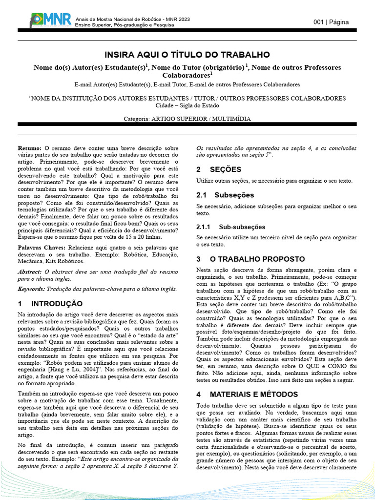 MNR2023 Mod Artigo Superior-1 | PDF | Abstract (resumo) | Robô