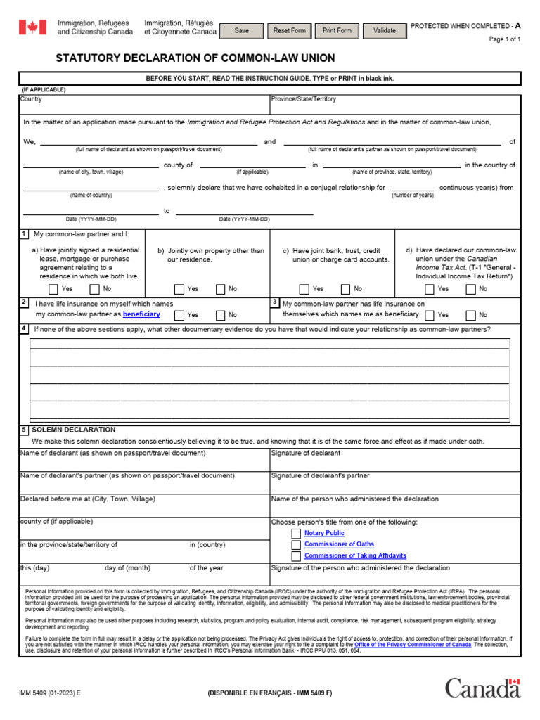 Imm 5409 e - Statutory Declaration of Common-Law Union | PDF | Notary ...