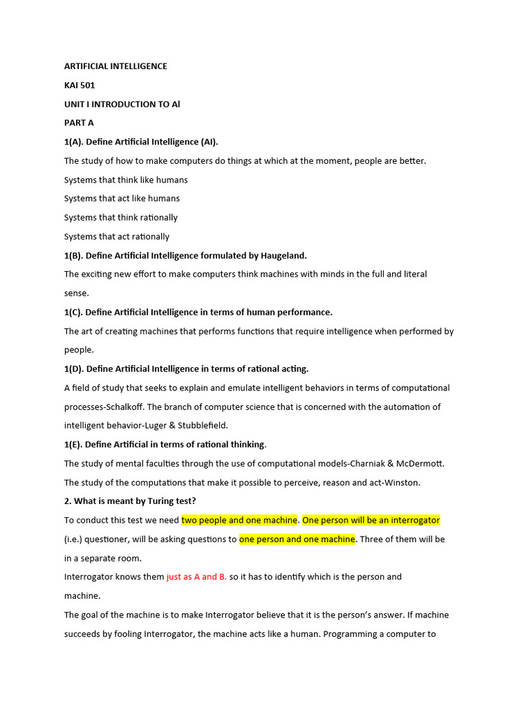 AI Unit 1 Question Bank With Solution | PDF | Artificial Intelligence | Intelligence (AI ...