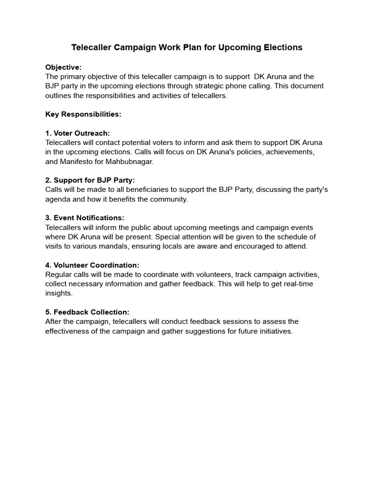Telecaller Campaign Work Plan for Upcoming Elections | PDF | Communication