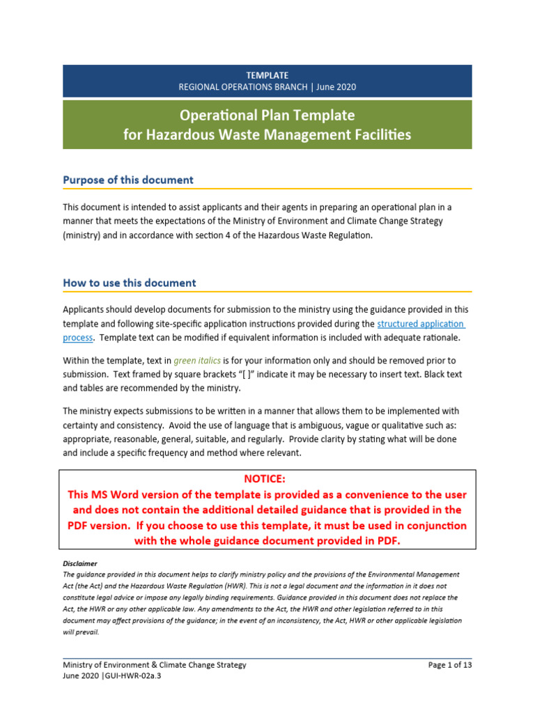 Gui-Hwr-02a3 Operational Plan Template | PDF | Waste | Waste Management