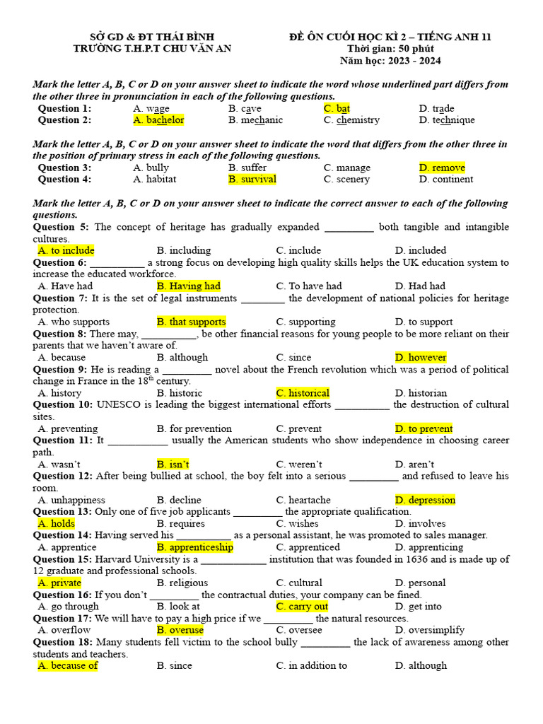 ĐỀ ÔN CUỐI HK2-TIẾNG ANH 11 (THPT CHU VĂN AN) | Download Free PDF ...