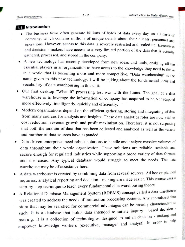 CCS341 Data Warehousing Unit 1 Notes | PDF
