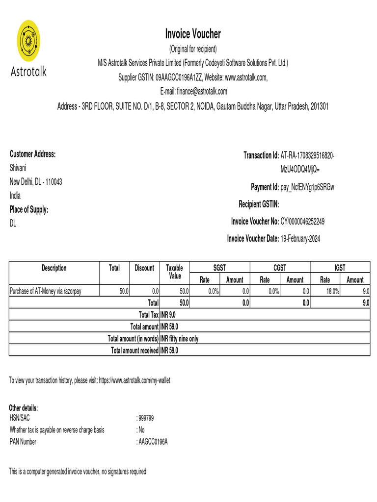 Invoice Voucher: Address - 3RD FLOOR, SUITE NO. D/1, B-8, SECTOR 2 ...