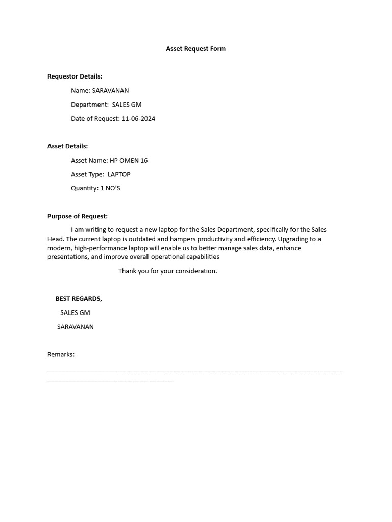 Asset Request Form FOR SALES HEAD | PDF | Business | Finance & Money ...