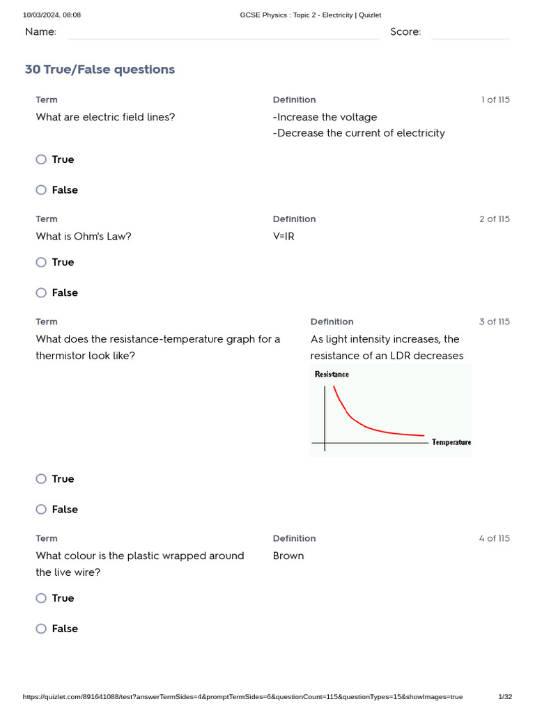 GCSE Physics - Topic 2 - Electricity - Quizlet | PDF | Electrical ...