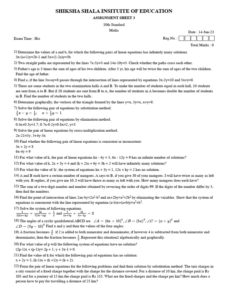 Linear Equ 10 TH Ass-1 | PDF | Equations | System Of Linear Equations