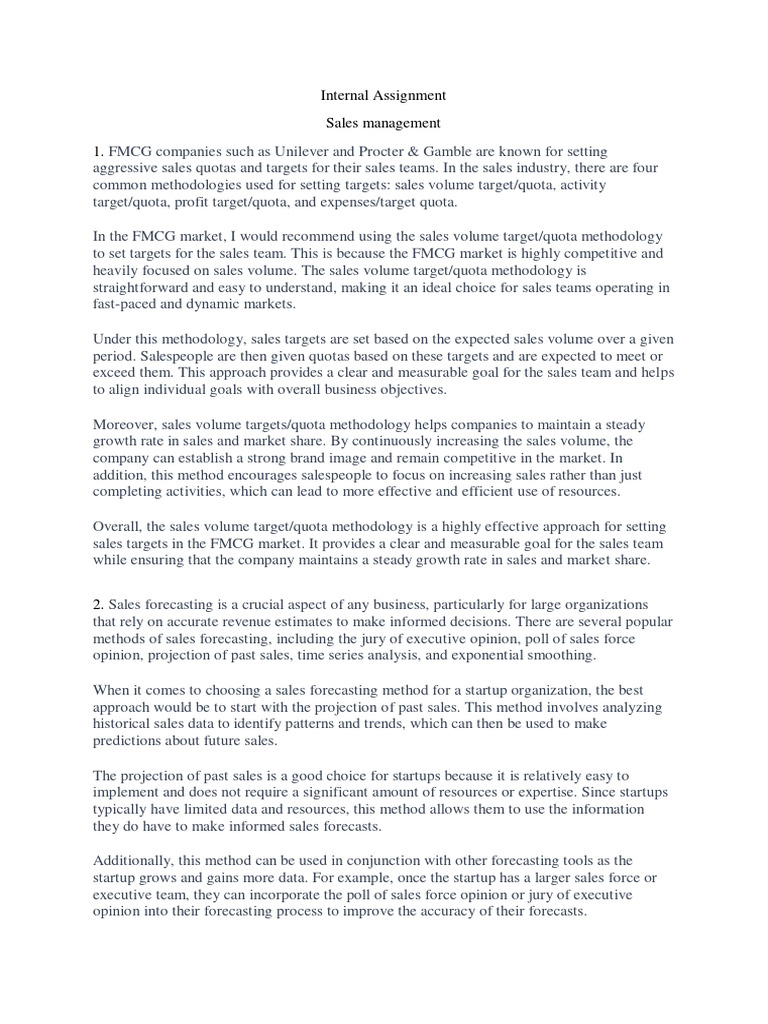 Internal Assignment Sales Management | PDF | Forecasting | Sales