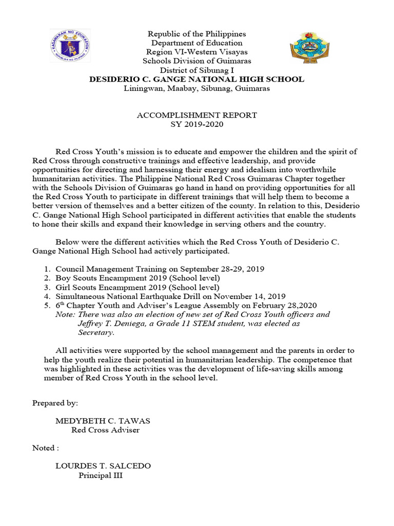 Red Cross Accomplishment Report Sy 19-20 | PDF