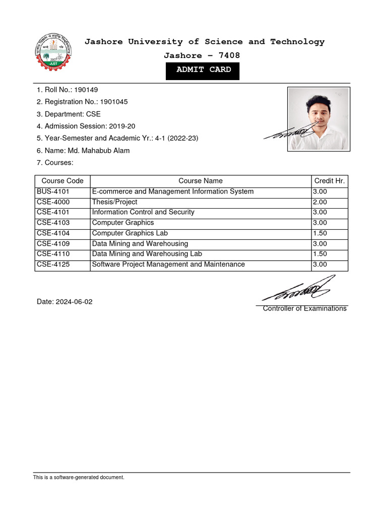 Jashore University of Science and Technology Jashore - 7408: Admit Card ...