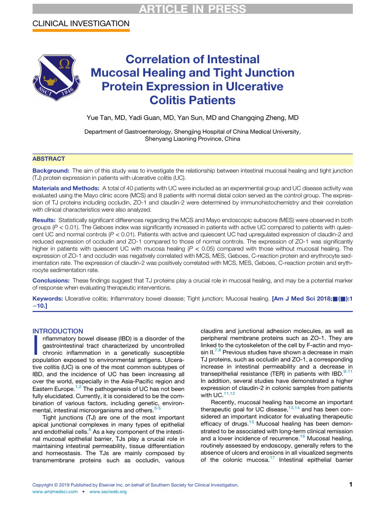 Correlation of Intestinal Mucosal Healing and Tight Junction Protein ...