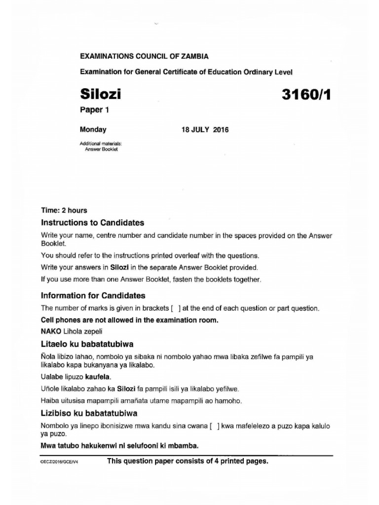 g12 Silozi p1 2016 Gce | PDF
