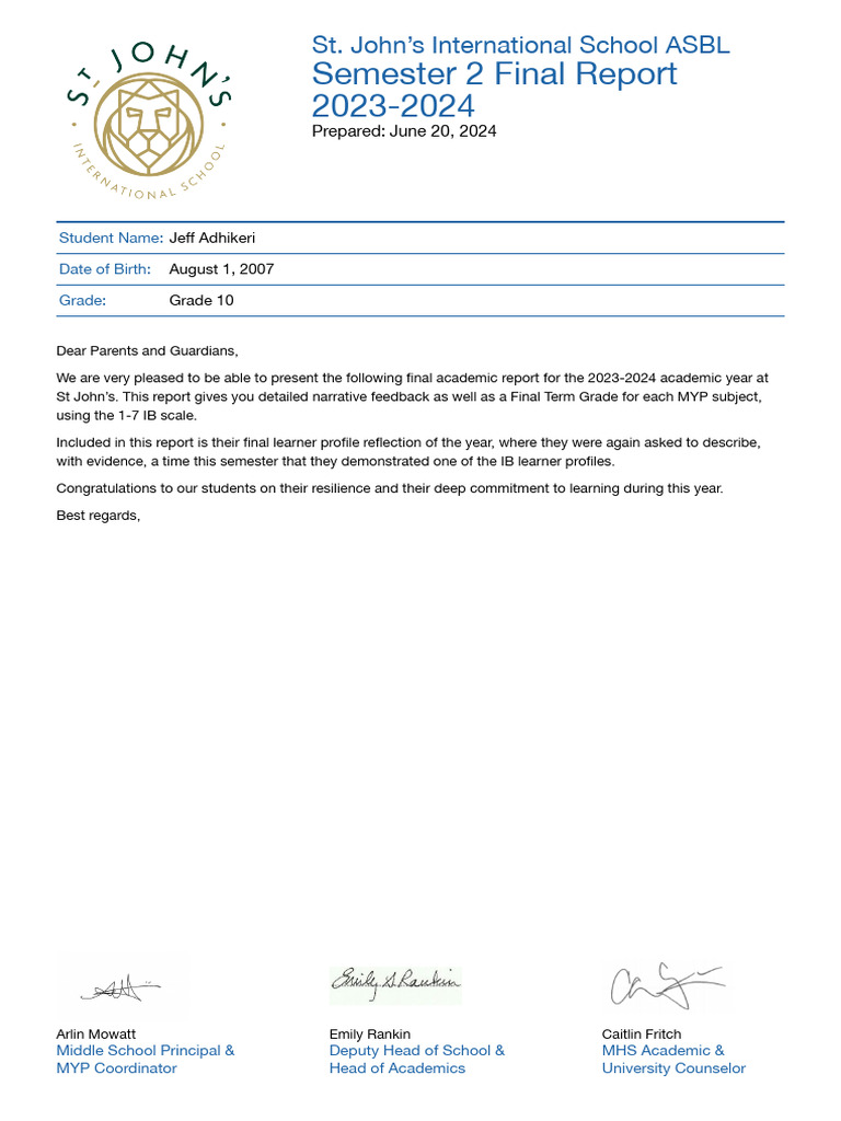 Semester 2 Final Report 2023-2024 Grade 10 Adhikeri Jeff Jeff 2024-06 ...