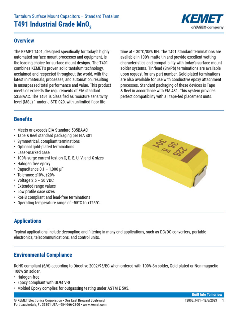 T491 Industrial Grade Mno: Tantalum Surface Mount Capacitors - Standard ...