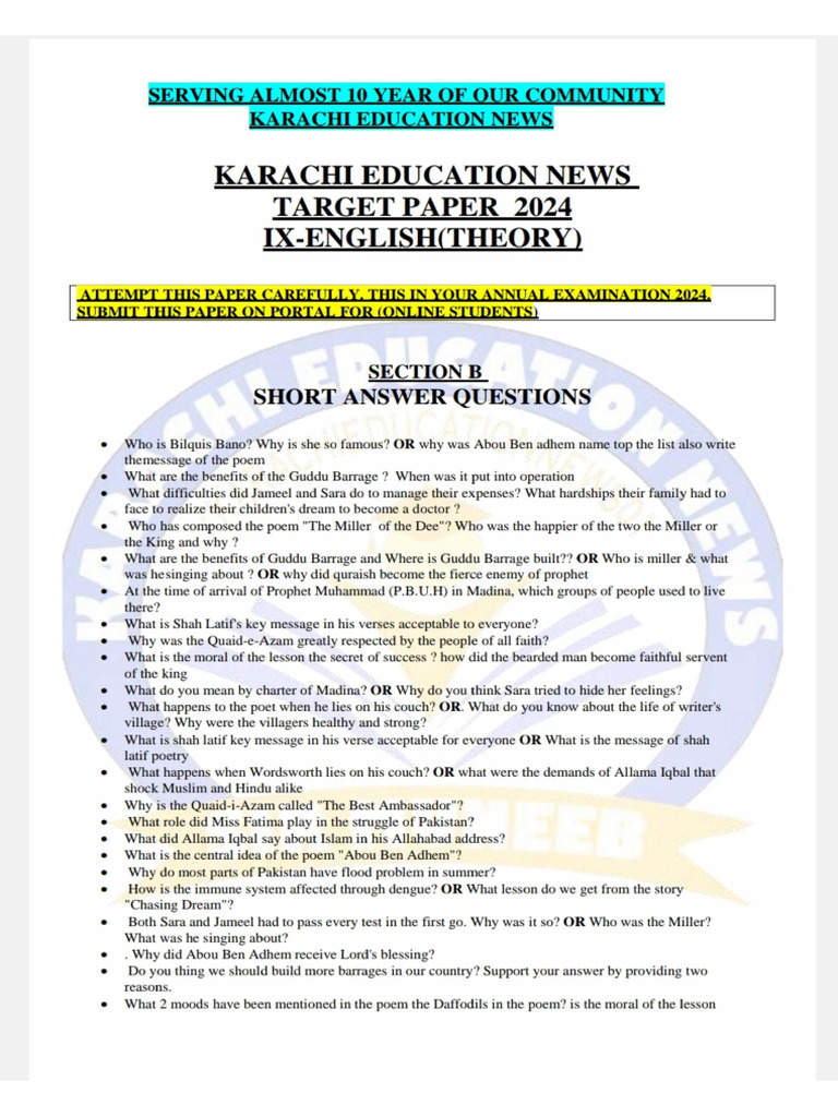 English IX Target Paper 2024 by Sir Muneeb | PDF