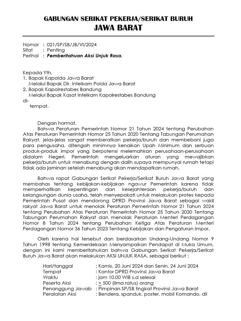 Surat Pemberitahuan Aksi Tapera | PDF