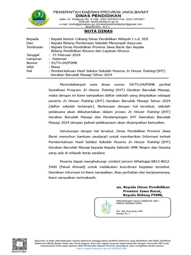 Nota Dinas Hasil Seleksi IHT Gerakan Barudak Masagi 2024 16022024 ...
