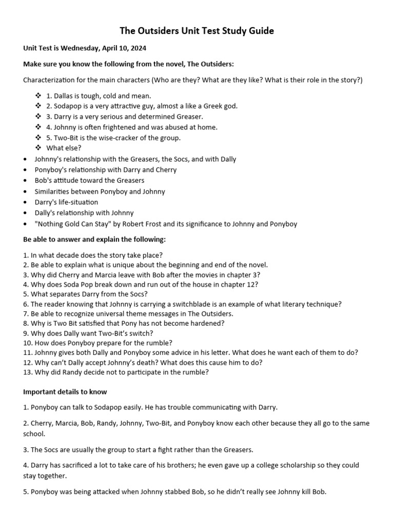 The Outsiders Unit Test Study Guide | PDF